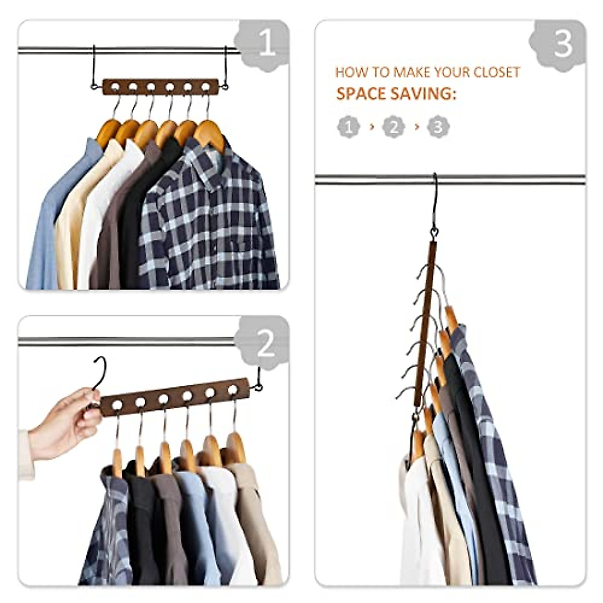 Mkono 4 Pcs Hangers Space Saving Wood Collapsible Hangers for Closet Shirt Organizer with 6 Holes College Dorm Room Essentials, Multiple Hangers in One Closet Clothes Organizer Magic Hanger Stacker