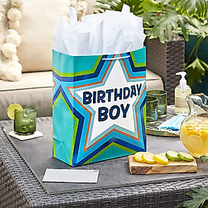 Hallmark 15" Extra Large Birthday Gift Bag with Tissue Paper ("Birthday Boy" Green and Blue Star)