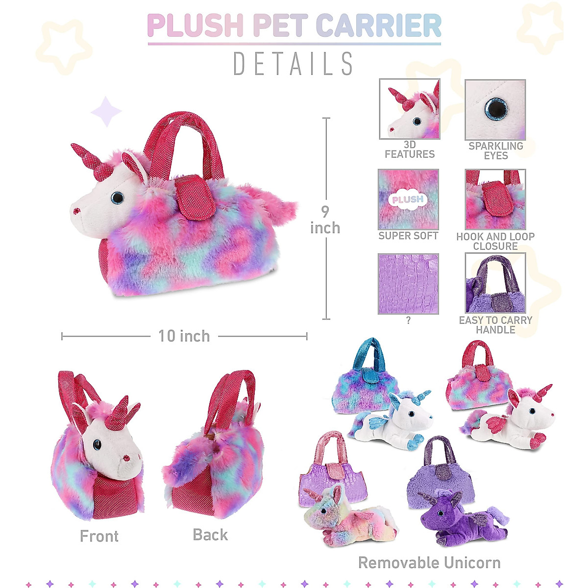 DolliBu Unicorn Bags Collection Set of 4 - Unicorn Stuffed Animal Purse Bags for Girls, Removable White, Purple, Rainbow, Blue Unicorns in Furry Handbags