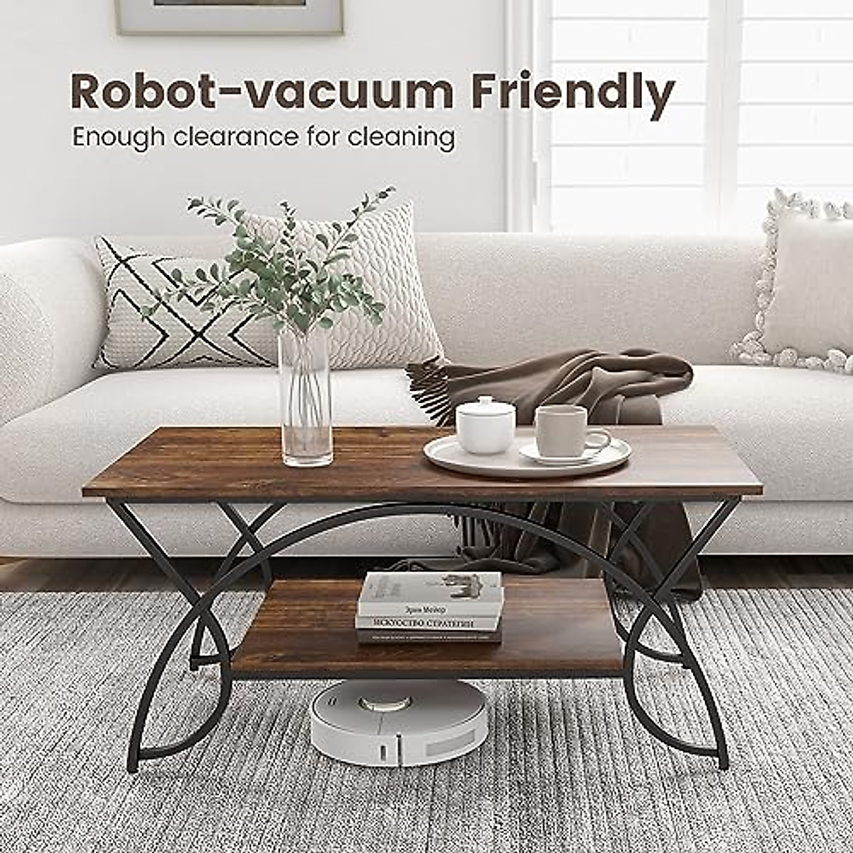 COSTWAY 2-Tier Coffee Table, Industrial Wood Accent Table with Storage Shelf and Gold Finished Metal Frame, Chic Rectangular Side End Table for Living Room Office Lounge (Coffee)