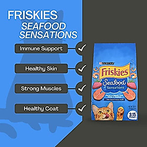 Friskies Dry Cat Food Seafood Sensations Bundle | Includes 2 Bags of Friskies Dry Cat Food Salmon, Tuna, and Shrimp Flavors (3.15 LB) | Plus Paw Food Scoop!