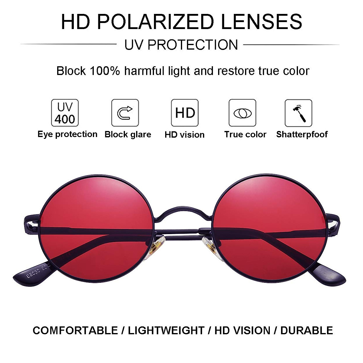 Gleyemor Polarized Round Sunglasses for Men Women Hippie Small Circle Glasses Red Yellow Lenses (Black/Clear Red)