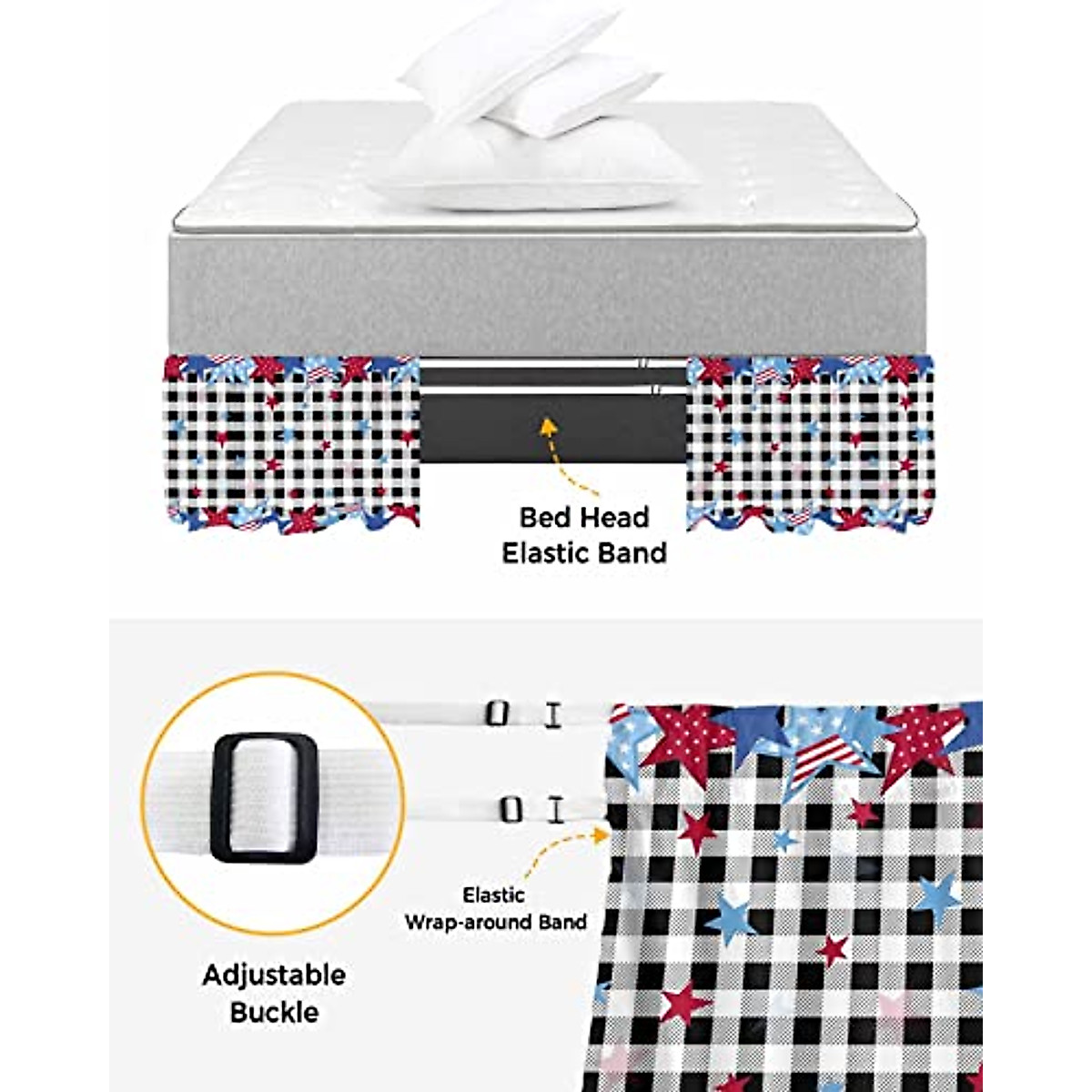 Independence Day Bed Skirt Cal King Size 18 Inch Drop,Adjustable & Elastic Wrap Around Bed Skirts Pleated Luxury Dust Ruffles for Twin Full Queen Cal King Bed,Black Buffao Plaid Freedom Stars Flag