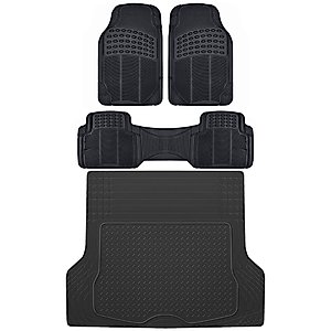 BDK Proliner All Weather Rubber Auto Floor Mats and Trunk Cargo Liner - Front & Rear Heavy Duty Set Fit for Car SUV Van and Truck, Black, 4 Pieces (Trim to Fit)
