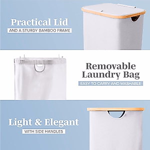 ZengRun- Double Laundry Hamper with Lid Cover - Bamboo Section Laundry Basket - Collapsible Clothes Fabric Bin - Easy and Efficient Sorting - Removable Bags - 140L - Light gray