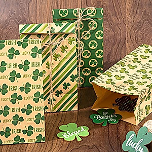 Whaline 60 Pack St. Patrick's Day Paper Gift Bags Kraft Shamrock Candy Treat Bags 6 Design Rustic Irish Flat Party Favor Bag Goodie Present Bag for Party Snack Cookie Craft Gift Wrapping Supplies