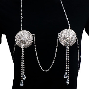 Rhinestone Bra Body Chain Nipple Pasties with Chest Chain Rhinestone Nipple Cover Stickers Tassel Crystal Nipple Cover Chain Rave Festival Bra Chain Jewelry for Women (Silver)