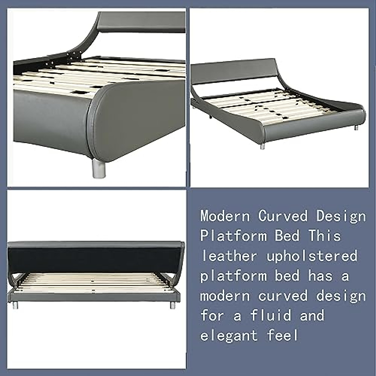 Queen Size Leather Upholstered Platform Bed Frame with Comfortable Headboard and Footboard, Modern Curve Design Platform Bed with Sturdy Bed Frame/Wood Slats Support/Easy Assemble for Bedroom (Grey)