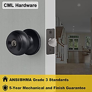CML Hardware Matte Black Keyed Entry Door Knob for Entrance, Exterior and Interior Use, Round Ball Handle, Stainless Steel
