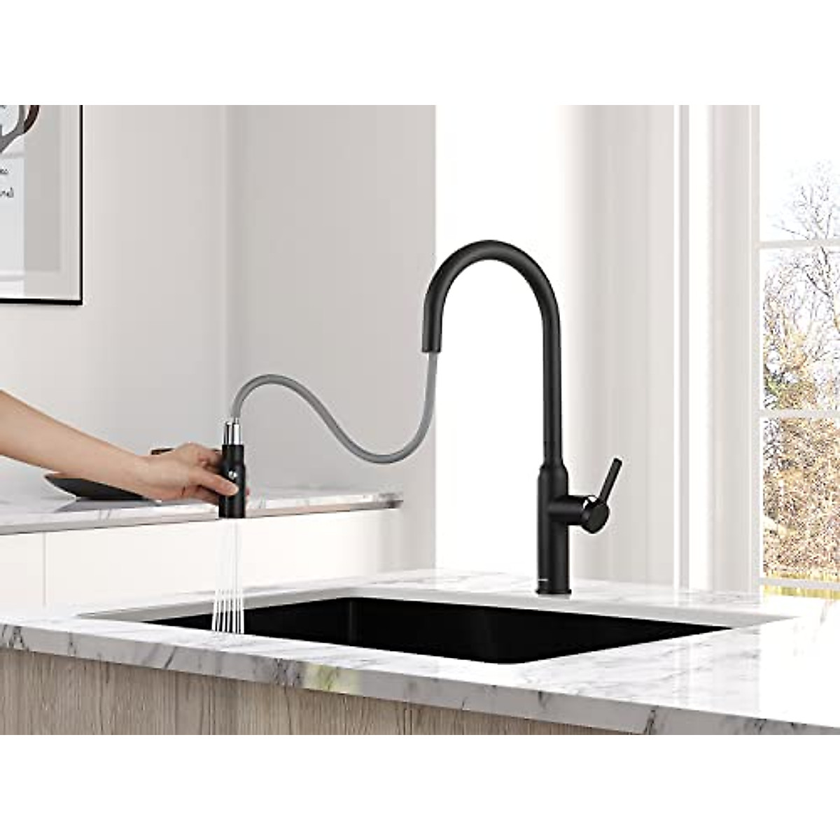 AguaStella AS81MB Matte Black Kitchen Sink Faucet with Pull Down Sprayer Single Handle High Arc