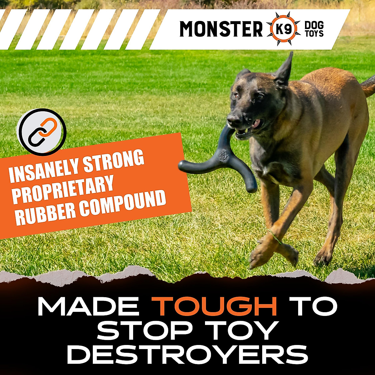 Monster K9 Ultra Durable Boomerang Dog Toy - Medium & Large Breed - for Super Aggressive Power Chewers - Tough & Strong, Extreme Heavy Duty Natural Rubber - Fetch, Tug, & Chew - 8" Dia.