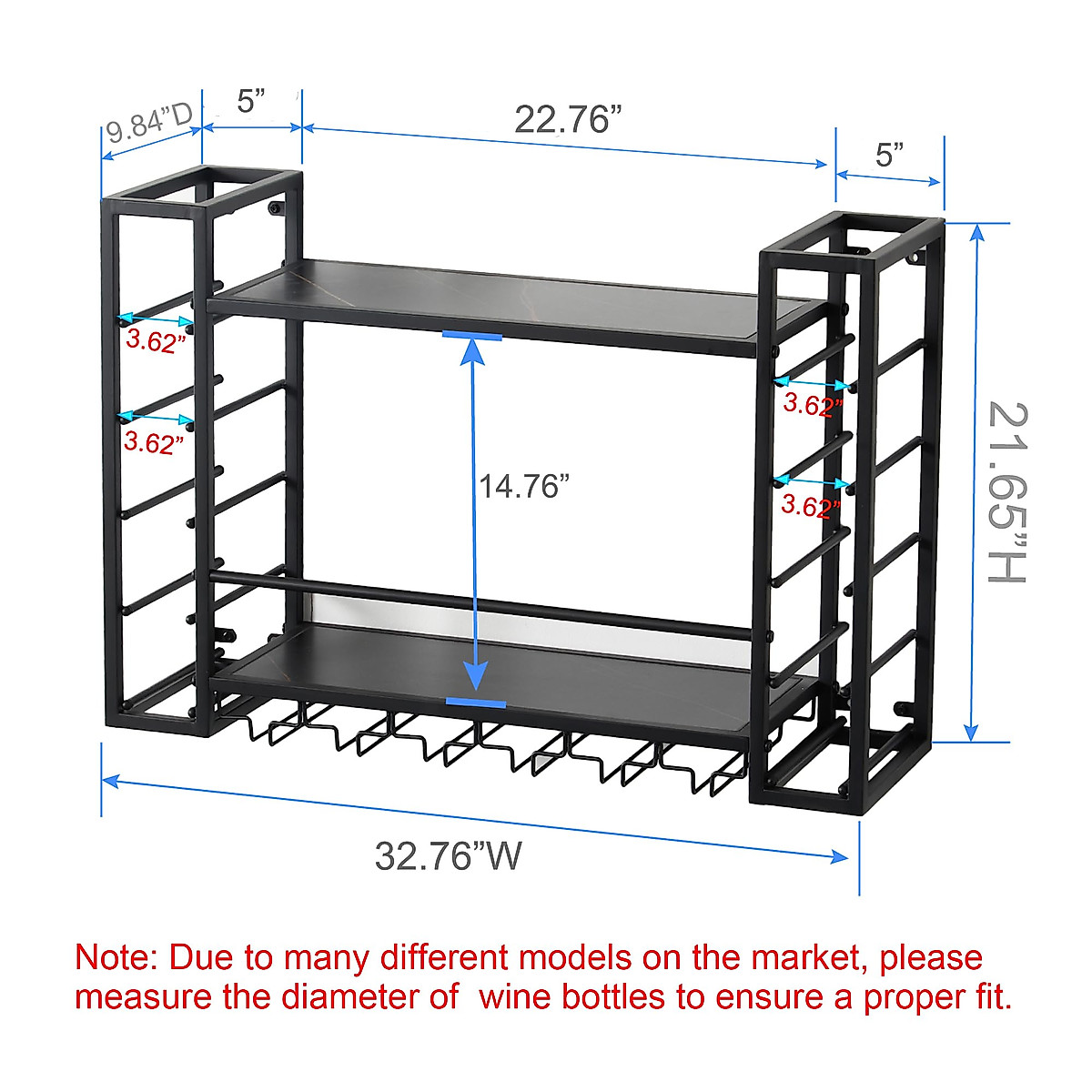 GOLASON Wall Mounted Wine Rack with Glass Holder, Metal Bottle Holder Wine Storage Display Rack for Home Bar Dining Room Kitchen (31.5 Inch, Black)
