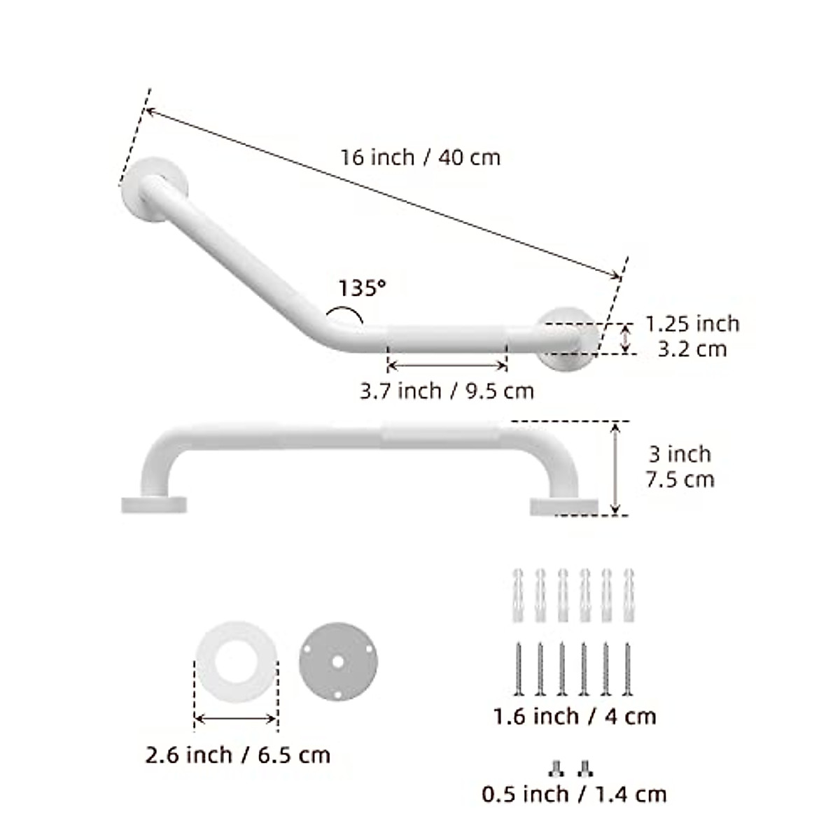 16 Inch Angled Shower Grab Bar White, Munzong 2 Pack Anti Slip Bathroom Grab Bar, Knurled Bathroom Balance Bar,Safety Hand Rail Support Handicap Elderly Injury Senior Assist Bath Handle-1.25” Tube