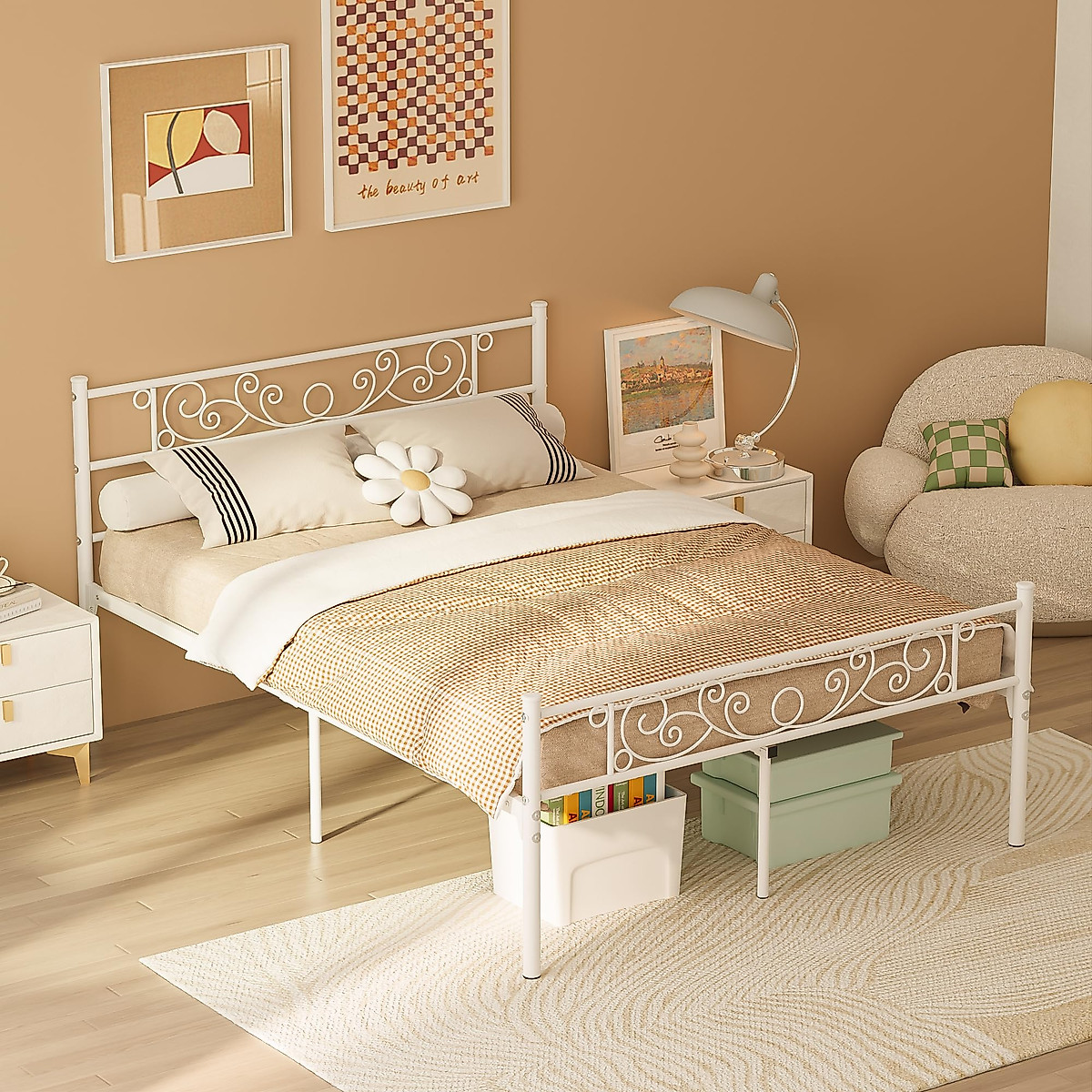 Elephance Full Size Bed Frame with Headboard and Footboard, Metal Platform Bed Frame with 14 Inch Storage Space No Box Spring Needed Easy Assembly for Adult White