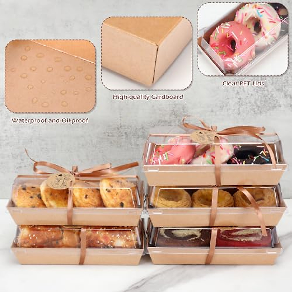 60 Pack Paper Charcuterie Boxes with Clear Secure Lids, 7.5 Inches Brown Bakery Boxes with 2 Rolls of Ribbon, Long Disposable Food Containers Treat Boxes for Macaroon, Cookies, Strawberry Dessert