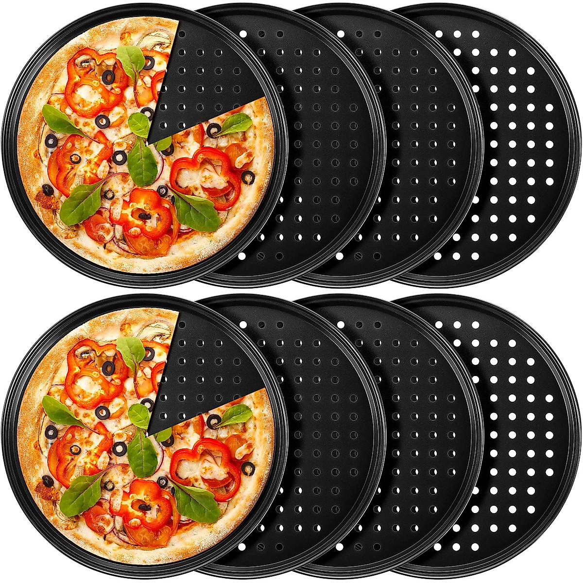 8 Pieces Pizza Pan With Holes 12 Inch Round Pizza Pan Carbon Steel Perforated Non-Stick Tray Tool Pizza Storage Container Nonstick Baking Supplies Home Restaurant Kitchen Steel Crisper Pizza Pan Set