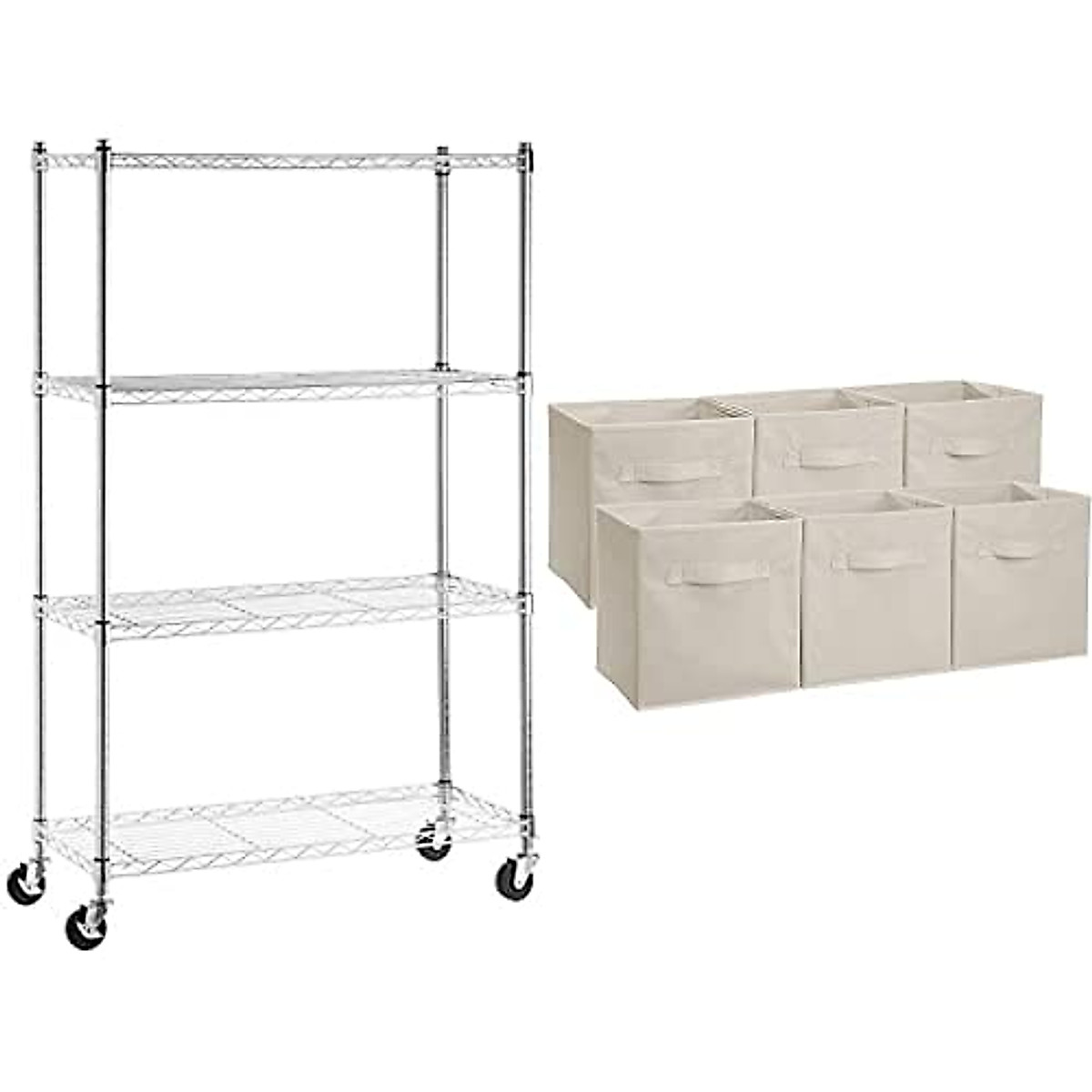 Amazon Basics 4-Shelf Heavy Duty Shelving Storage Unit on 3'' Wheel Casters, Metal Organizer Wire Rack - Chrome Silver & Collapsible Fabric Storage Cubes Organizer with Handles, Beige - Pack of 6