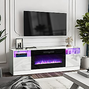 oneinmil Fireplace TV Stand with 36" Electric Fireplace, LED Light Entertainment Center, Modern Wood Texture Entertainment Stand with Highlight Storage Cabinet for TVs Up to 80", 70 inches,White