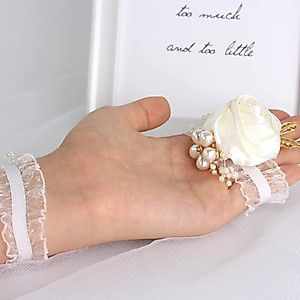 WANLIAN Rose Wrist Corsage Peal Diamond Boutonniere Gold Leaf Wrist Flower for Bride Bridesmaid Prom Wedding Ceremony Anniversary Set of 2(ivory)