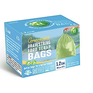 UNNI Compostable Drawstring Bags, 1.2 Gallon, 4.5 Liter, 80 Count, Heavy Duty 1 Mil, Samll Kitchen Food Scrap Waste Bags, ASTM D6400, US BPI, CMA and Europe OK Compost Certified, San Francisco