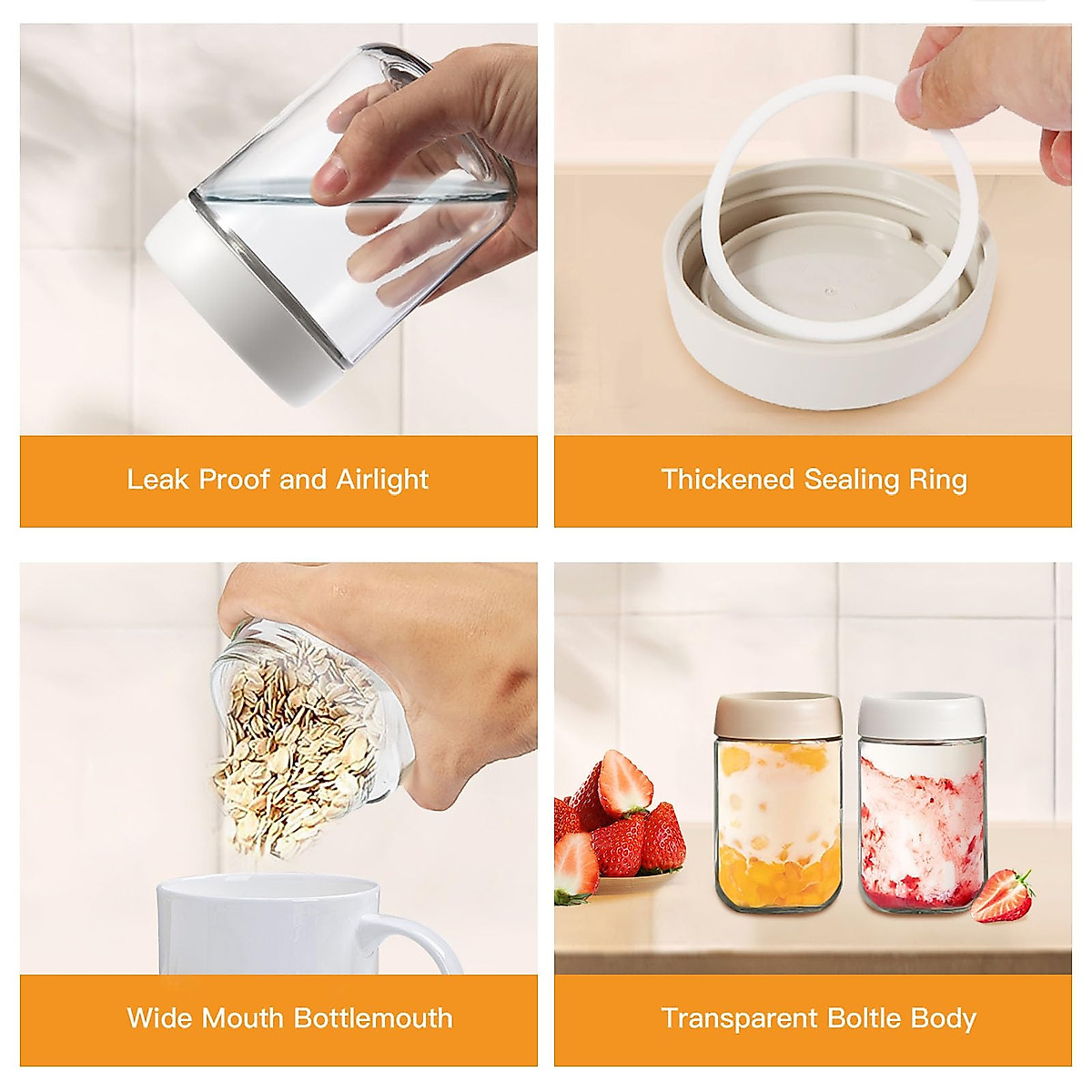 2 Pack Mason Jars 16 OZ with Lids,Wide Mouth Mason Jars for Overnight Oats,Reusable Glass Jars with Lids for Fruit, Salad Dressing, Sauce,Cereal,Pasta,Sugar,Beans,Spice-Leak Proof(Beige White)