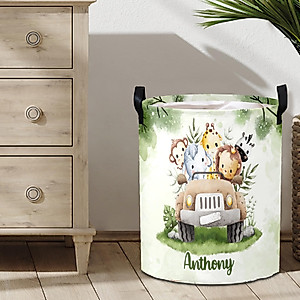 Jungle Animal Car Leaves Green Personalized Laundry Basket Hamper,Collapsible Storage Baskets with Handles for Kids Room,Clothes, Nursery Decor