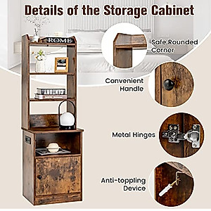 LOKO Nightstand with Charging Station, 55" Tall Bedside Table with Adjustable Shelves, Multifunctional End Table Bookcase with Open Storage Shelves, Modern Night Stand with Charger (Rustic Brown)