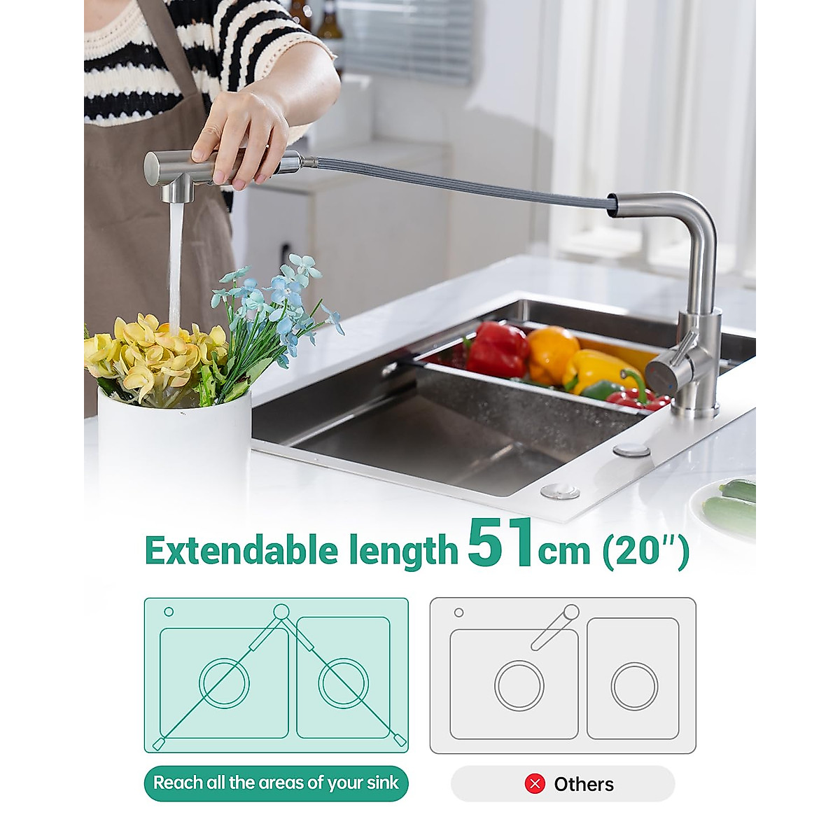 Bar Sink Faucet Brushed Nickel with Pull Out Sprayer, DAYONE Modern Stainless Steel Kitchen Faucets, Utility Single Hole/Handle Mini Bar Faucet Tap for RV