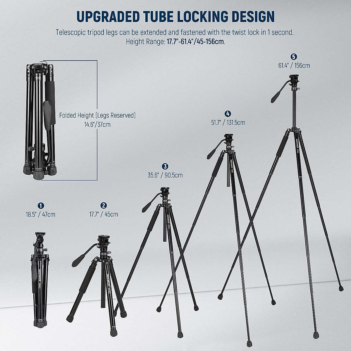 NEEWER 61.4" Video Travel Tripod with +/-10° Leveling Base Fluid Head (⌀37mm), Compact Metal Camera Tripod Stand with Quick Release Reversible Legs & Detachable Center Column, Arca Plate, TP61