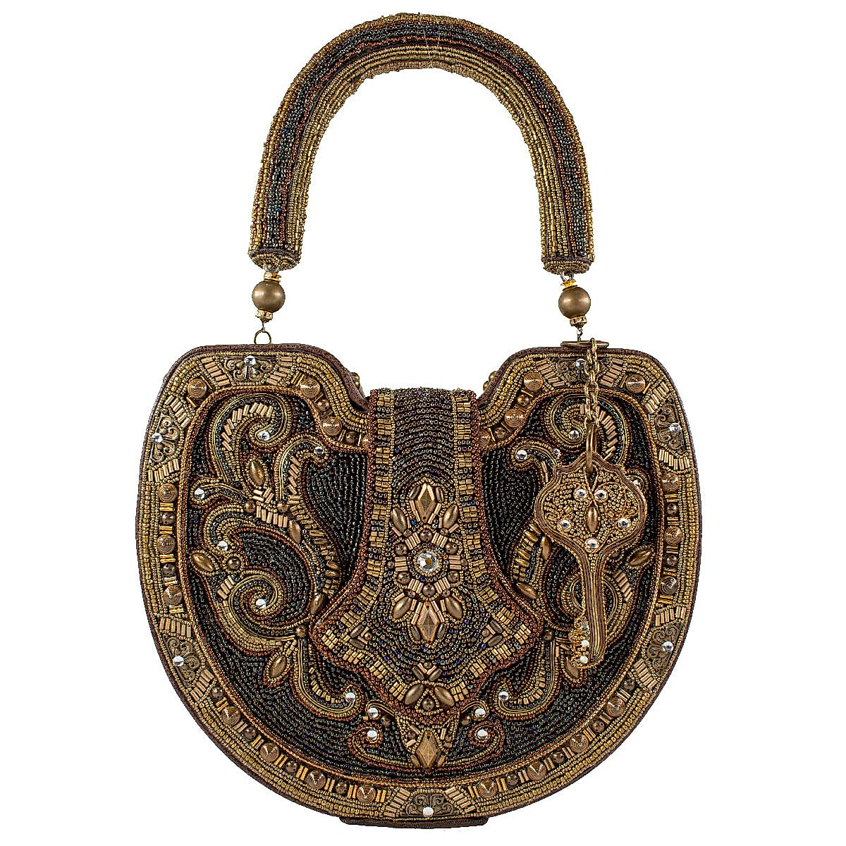 Mary Frances Lock it Up Beaded Padlock Top Handle Handbag with Key Charm, Gold