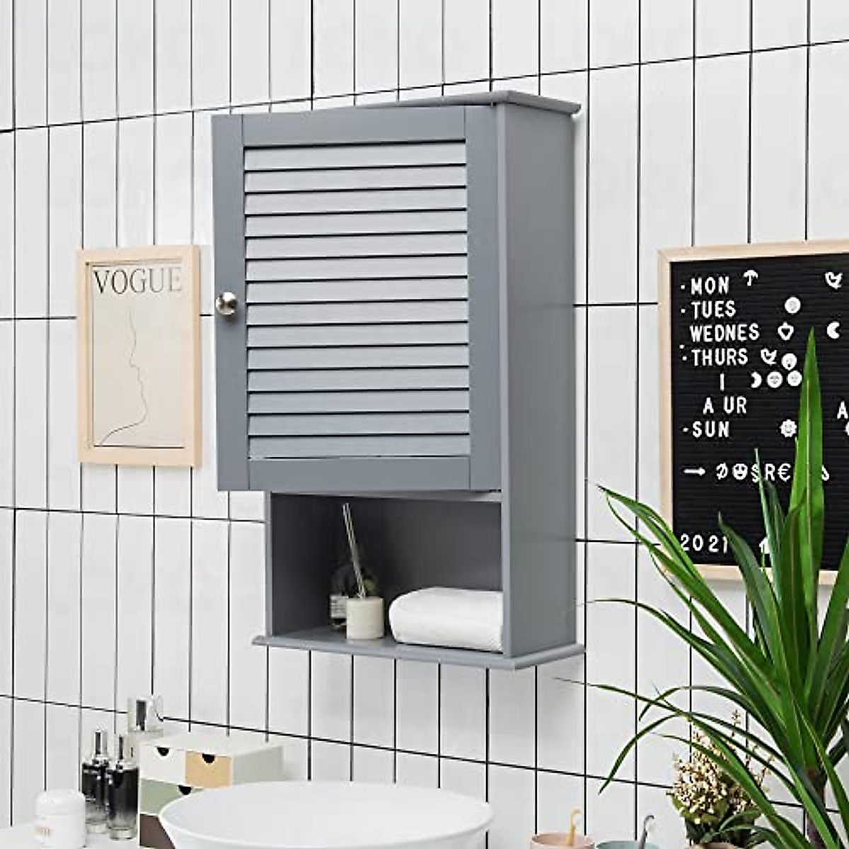 LOKO Bathroom Wall Cabinet, Bathroom Cabinet Wall Mounted with Single Shutter Door and Adjustable Shelf, Small Medicine Cabinet for Living Room, Kitchen or Entryway, 16.5 x 6.5 x 27.5 inches (Grey)