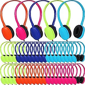 50 Pack Classroom Headphones Bulk Adjustable School Wired Headphone Over The Head Student Headphones Earbuds Multicolor on Ear Headphone Wired Headphone for Kids Adults School Library Testing Centers