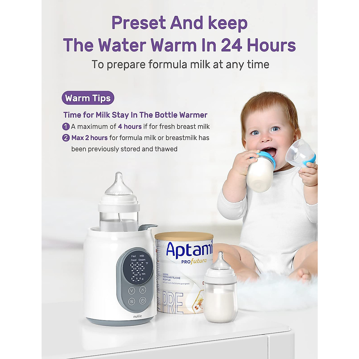 Nuliie Fast Bottle Warmer, 6-in-1 with Larger LCD Display Smart Temperature Control and Automatic Shut-Off, BPA Free Baby Bottle Warmer for Breastmilk or Formula