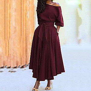 Hemlock Office Lady Work Dress Off Shoulder Long Dress Half Sleeve Formal Dresses Party Maxi Dress with Belt Pockets Wine