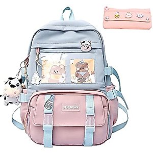 LIEEI Kawaii Backpack with Cute Pins and Plush Pendant for Teen Girls School Large Capacity Waterproof School Bag Bookbag