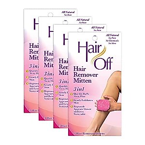 Hair Off Hair Remover Mitten - All-Natural, Painless & Chemical Free - Full Body Hair Removal - Slows & Lessens Regrowth - Exfoliates Skin (3 Mittens Per Box, Pack of 4)