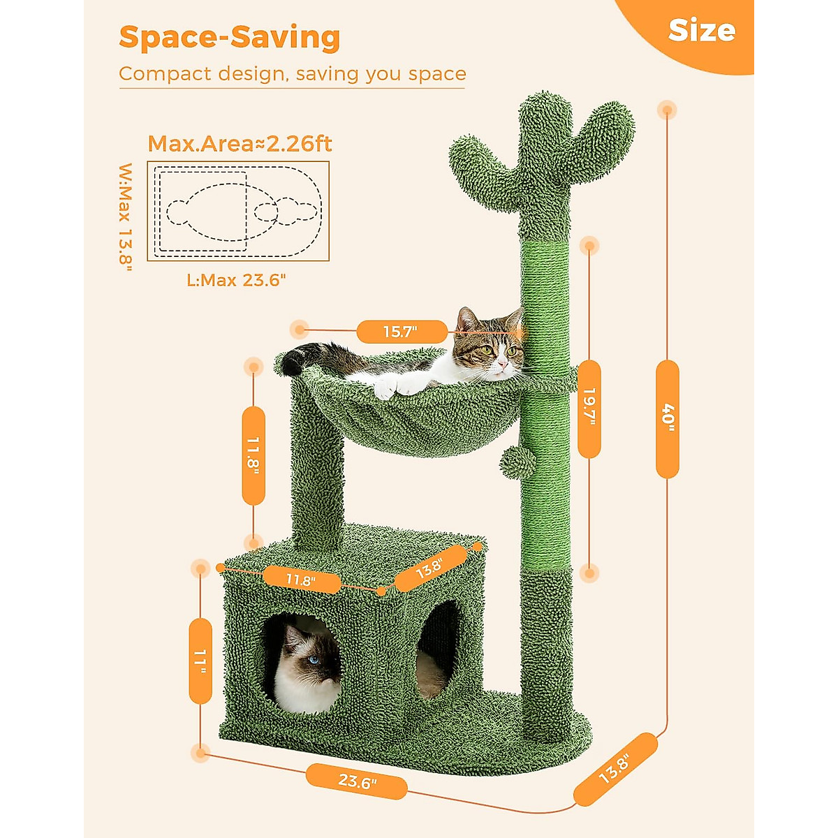 MUTTROS Cactus Cat Tree 40" Cat Tower with Large Metal Carpet Hammock, Cat Scratching Post for Indoor Cats with Condo& Dangling Ball, Green