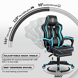 Vonesse Gaming Chairs for Adults Gaming Chair with Footrest Gamer Chair with Massage Reclining Computer Gaming Chair Big and Tall for Heavy People Ergonomic Computer Game Chair Lumbar Support(Cyan)