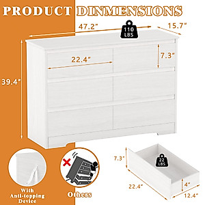 MISHAO White 6 Dresser Drawers for Bedroom, Modern Handleless Wooden Dresser Chest of Drawers, Large Storage Dresser Organizer for Living Room Entryway Closet