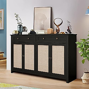 Black Sideboard Buffet Cabinet, Rattan Storage Cabinet Console Table, Buffet Server Bar Cabinet with 4 Doors, 2 Drawers and Adjustable Shelves for Living Room, Bedroom, Hallway, Kitchen, Entryway