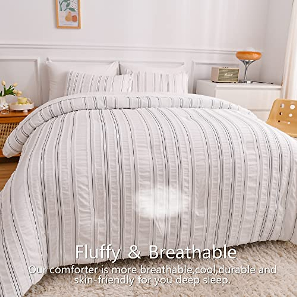 AIKASY Boho Bed in a Bag 7 Pieces Queen Size, Black/White Tufted Comforter Set, Stripe Pattern Design, All Season Cozy Cover with Sheets (Dashed line,90"x90")