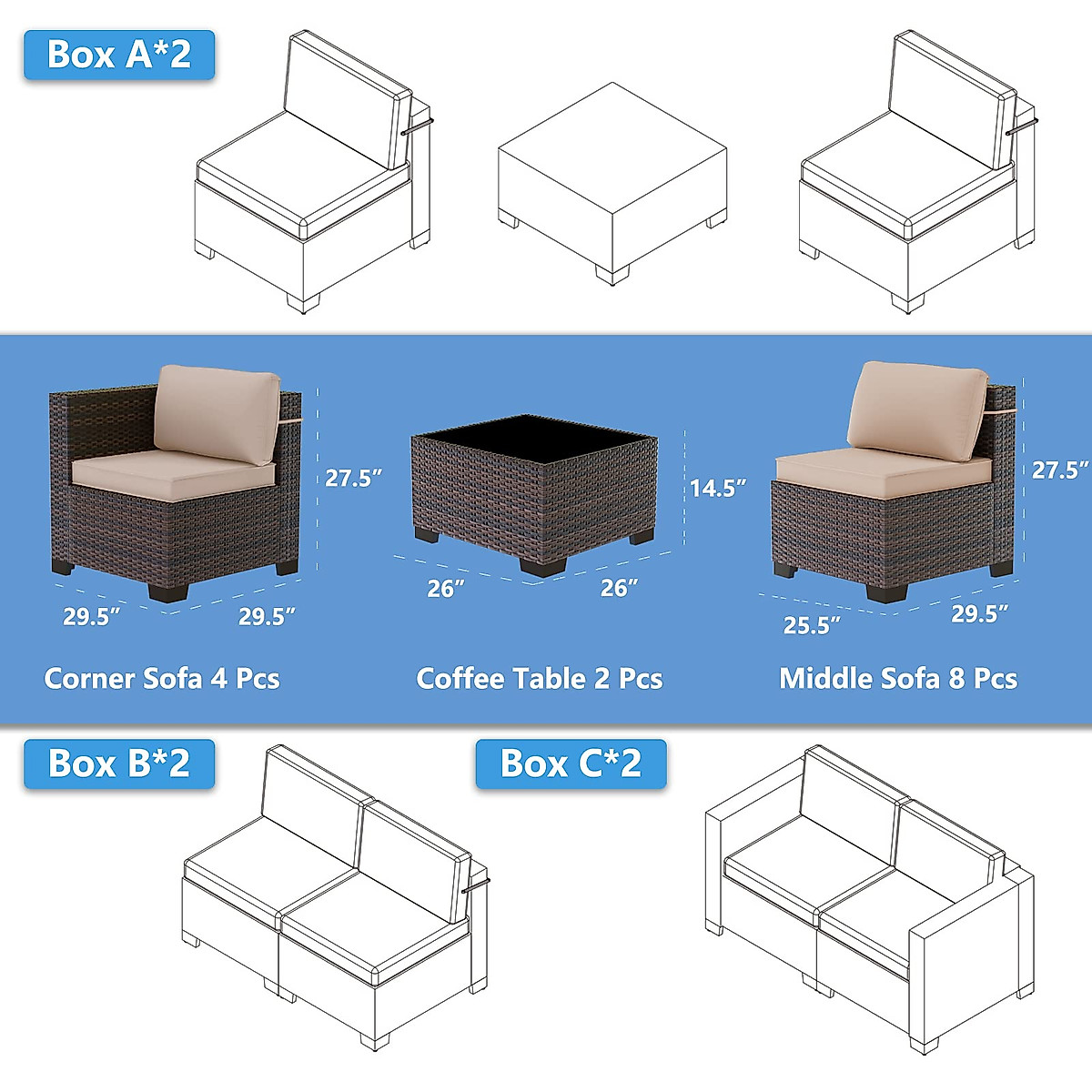 ASJMR Outdoor Patio Furniture Set, 14 Pieces Outdoor Sectional Furniture Patio Sofa, All-Weather PE Rattan Patio Conversation Set with Tempered Glass Top Table & Cushions(Brown).