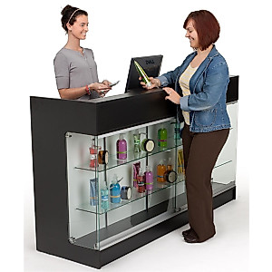 Displays2go 6ft Retail Sales Counter with Glass Shelves, Tempered Glass, Laminated Particle Board, Locking Drawers – Black (MRCLSC72BK)