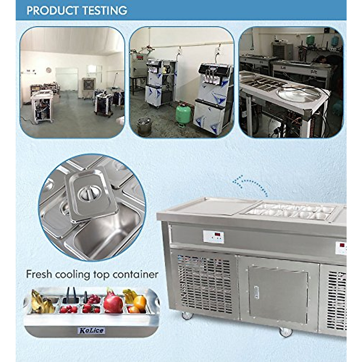 Kolice ETL commercial double square pans fried ice cream machine, frozen yogurt cubes making machine, roll ice cream machine with 10 pcs of refrigerated buckets, 21x21 inches big pan. Auto defrost