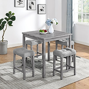 GLANZEND 5 Piece Square, Industrial Breakfast Table + 4 Upholstered Stools, Bistro Dining Set, for Living, Small Apartment, Farmhouse, Game Room, Gray