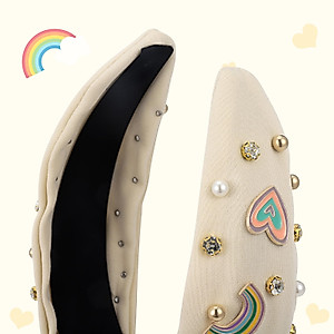 XLSXEXCL Headband, Pearl Knotted Headband for Women - Beige, Boho Rainbow Daisy Headbands for Girls with Sparkly Crystal Rhinestone, Wide Pearl Knotted Twist Headband Headpiece Summer Accessories