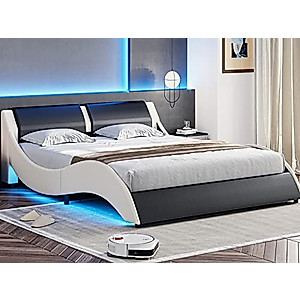 Led Bed Frame Queen Size Modern Upholstered Platform Bed Frame with LED Lights Faux PU Leather Wave Like Low Profile Platform Bed Frame with Headboard, Wooden Slats, No Box Spring Needed, Black+White