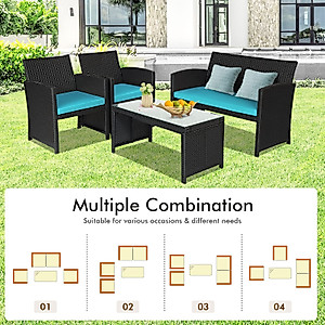 Goplus Rattan Patio Furniture Set 4 Pieces, Outdoor Wicker Conversation Sofa and Table Set with Soft Cushions & Tempered Glass Coffee Table for Balcony Garden Backyard (Turquoise)
