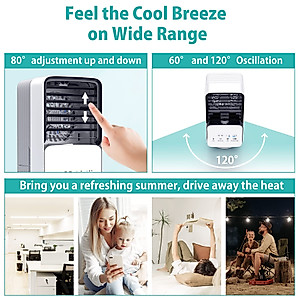Portable Air Conditioner Fan, Evaporative Air Cooler, USB Personal Desktop Cooling Fan with 3 Speeds, LED Light, 120°Oscillation, 2 Mist Adjustments as Humidifier, Small Air Cooler for Room, Bedroom