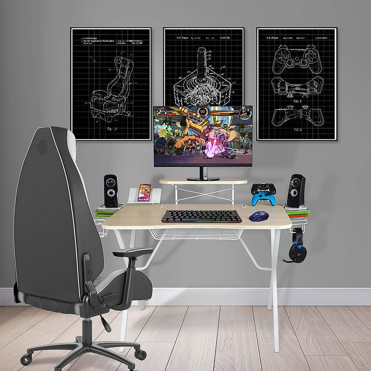 DUNTRKDU Desk Computer Desk 40"x 23.5" Home Office Desk Extra Large Modern Ergonomic Black Table Gamer Workstation with Cup Holder Headphone Hook (White)